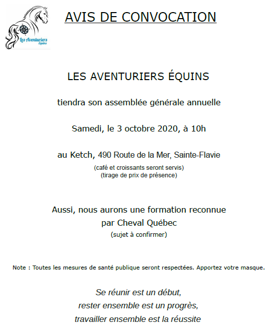 Avis de convocation – Assemblée générale annuelle 2020 – Les Aventuriers Équins