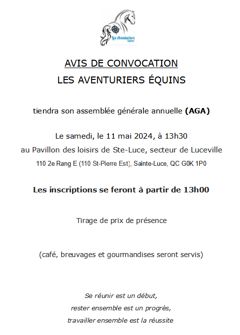 Avis de convocation – Assemblée générale annuelle 2024 – Les Aventuriers Équins